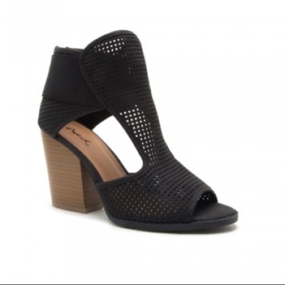 Qupid | Shoes | Black Peep Toe Mesh Side Cut Out Booties Chunky | Poshmark